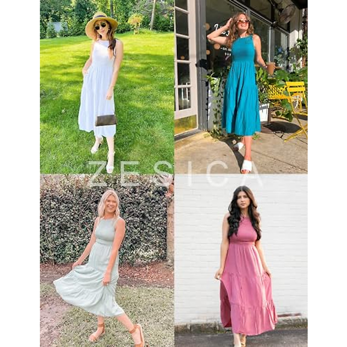 ZESICA Women's Summer Casual Sleeveless Crew Neck Smocked High Waist Flowy Tiered A Line Midi Dress,ArmyGreen,Medium