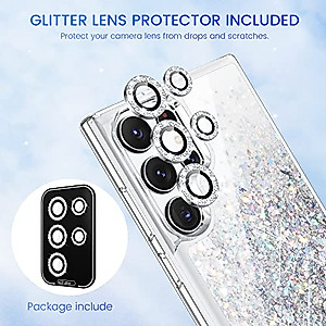 Caka [1+5] for Galaxy S23 Ultra Case, S23 Ultra Case Glitter with Camera Lens Protector for Women Girls Girly Sparkle Bling Liquid Phone Case for Samsung Galaxy S23 Ultra 5G - Clear Silver
