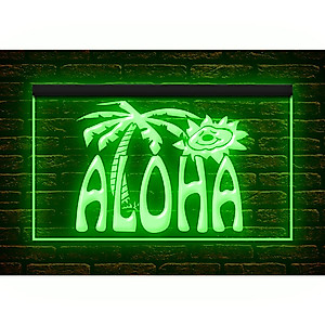 170042 Aloha Hawaiian Hello Plam Tree Sport Shop Store Bar Pub Open Display LED Light Neon Sign (12" X 8", Green)
