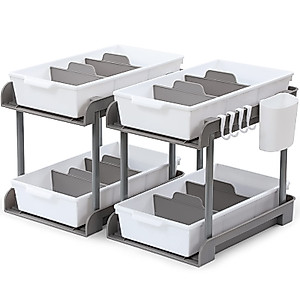 2 Set, 2 Tier Slide Out Under Sink Organizers and Storage with Removable Dividers - Undersink Cabinet Drawers for Bathroom, Kithcen Cleaning and Organization - Multiuse Home Pull Out Organizing Tray