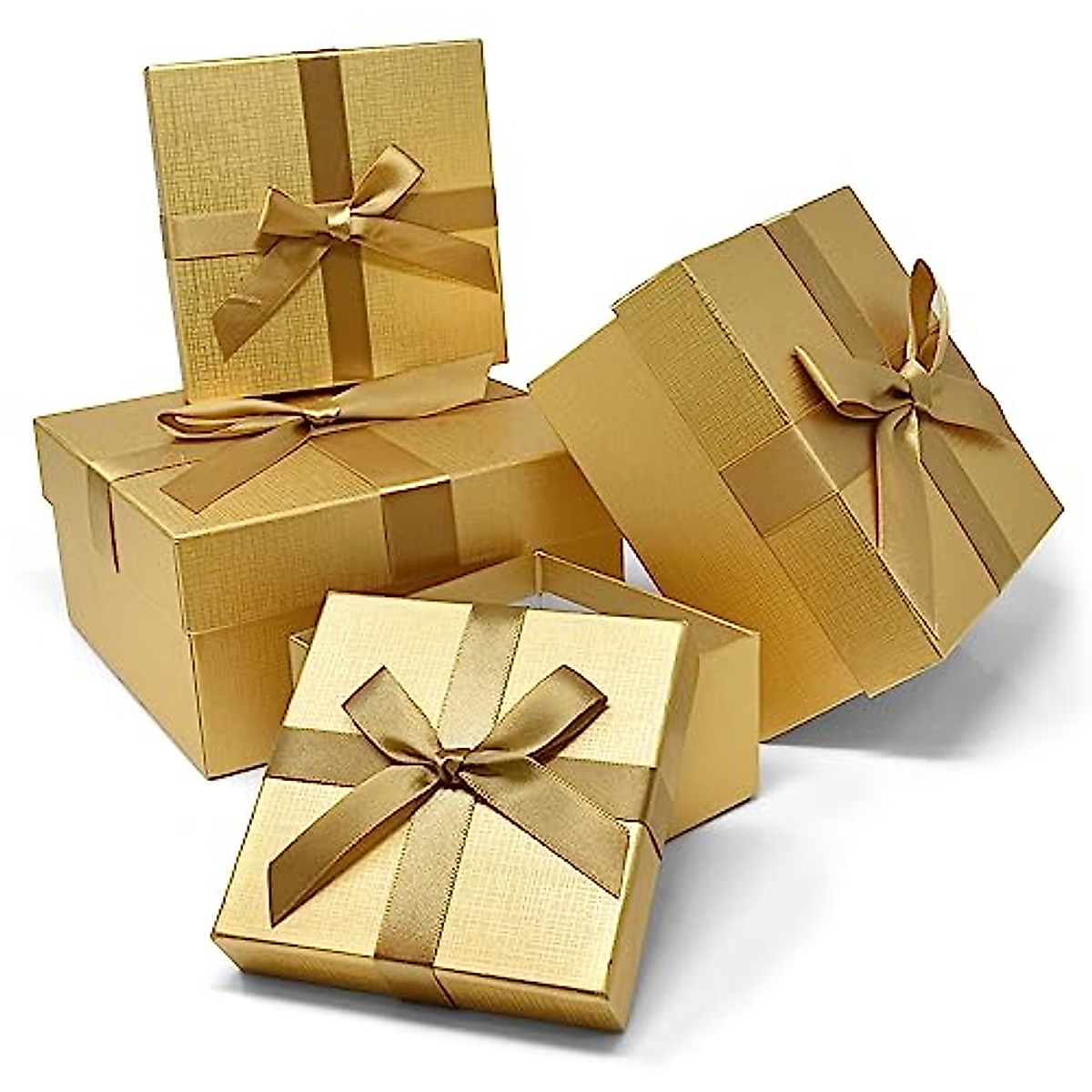 Set Of 4 Gold Square Gift Boxes with Ribbon Bow Assorted Sizes Nesting Christmas Box Durable Cardboard Reusable for Wrapping Gifts Holiday Wedding Present Bridesmaid Bridal and Baby Shower Anniversary