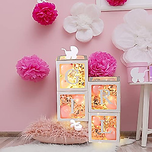 Baby Shower Balloon Box Decorations, 4 Pcs Baby Blocks Transparent Balloon Boxes with Baby Letters, 4 Pack Led Fairy String Lights and 40 Pcs Latex Balloons for Decor (Pink)