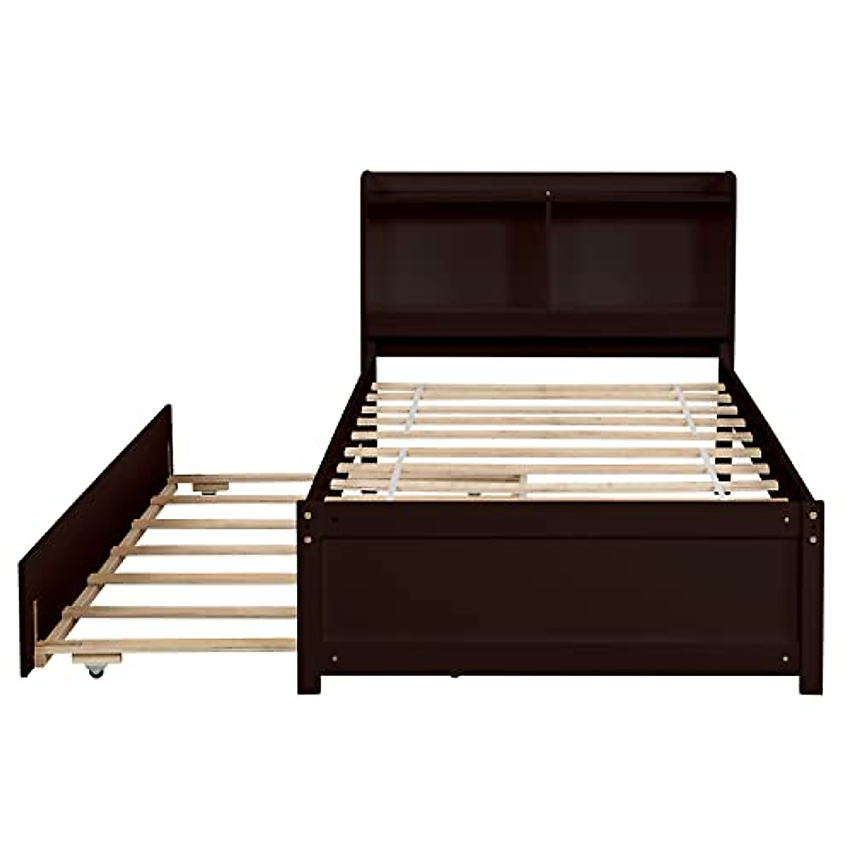 ERDAYE Twin Size Platform Bed Sets with Pull Out Trundle & Bookcase, Solid Wood Bedframe with Storage Shelves for Boys and Girls Bedroom Furniture Daybed, Space Saving Design, Espresso