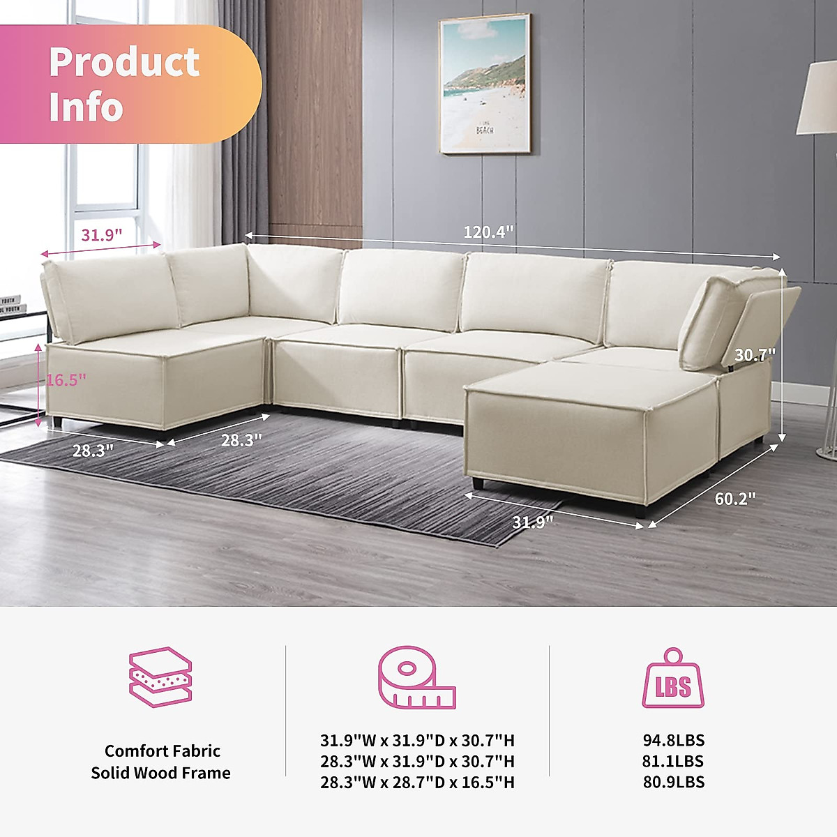 Mixoy Convertible Sectional Sofa, U/L Shaped Modular Couch with Ottoman, Sleeper Sofa & Oversized Couch for Living Room, Apartment - Beige