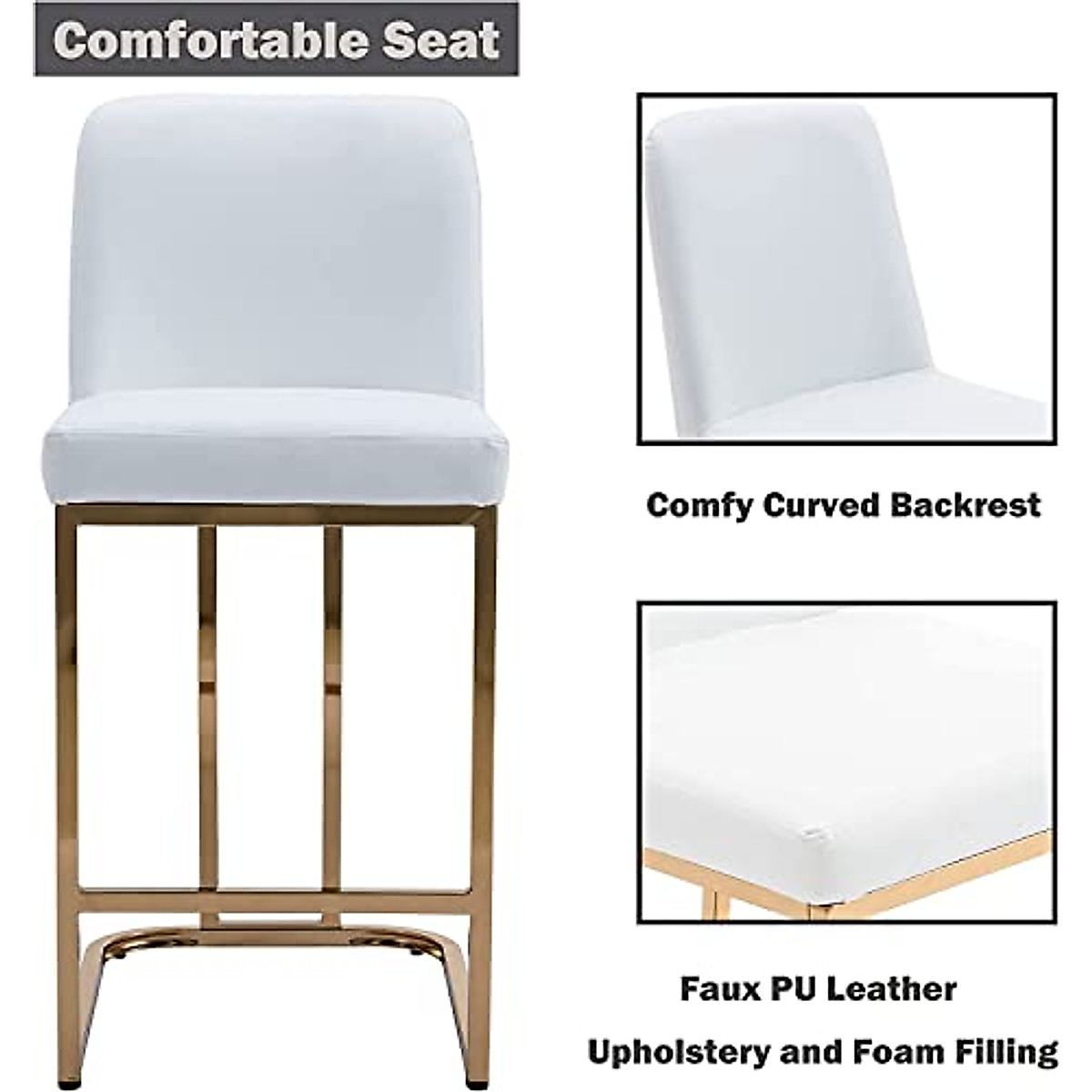 RIVOVA 24" Counter Height Bar Stools Set of 2 with Back, Modern PU Leather Bar Stool for Kitchen Island, Upholstered Pub Stools with Footrest, Armless Dining Chairs for Bar, White