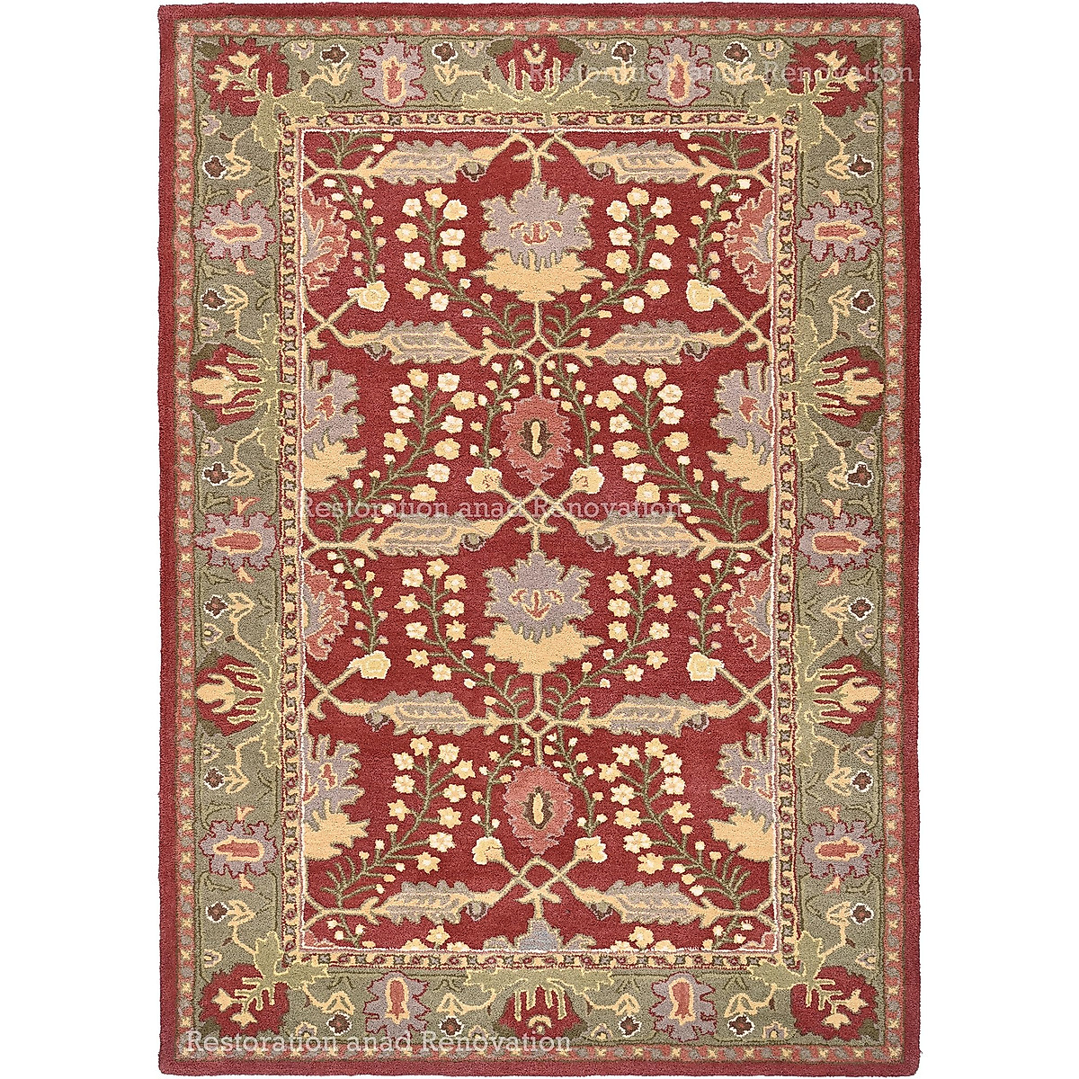 Restoration and Renovation Traditional Handcrafted Area Rug, Classic Oriental Pattern, Premium Wool, Rich Red & Gold with Floral Accents, 8x10 Feet - Living Room Bedroom Carpet (Rust, 6' x 9')