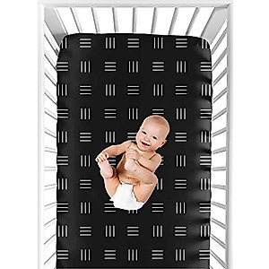 Sweet Jojo Designs Black and White Boho Mudcloth Boy or Girl Fitted Crib Sheet Baby or Toddler Bed Nursery - White Black Bohemian Woodland Tribal Southwest Mud Cloth Hatch Gender Neutral Triple Line
