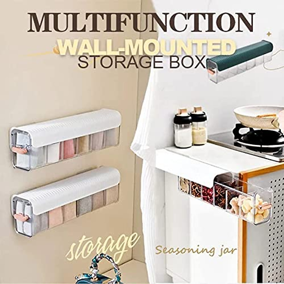 AODGHC Punch-Free Multi-Functional Storage Box, 1 Piece Clear Wall Mounted Drawer Organizer Underwear Socks Seasoning Storage Box with Adjustable Compartment for Closet Kitche (White)