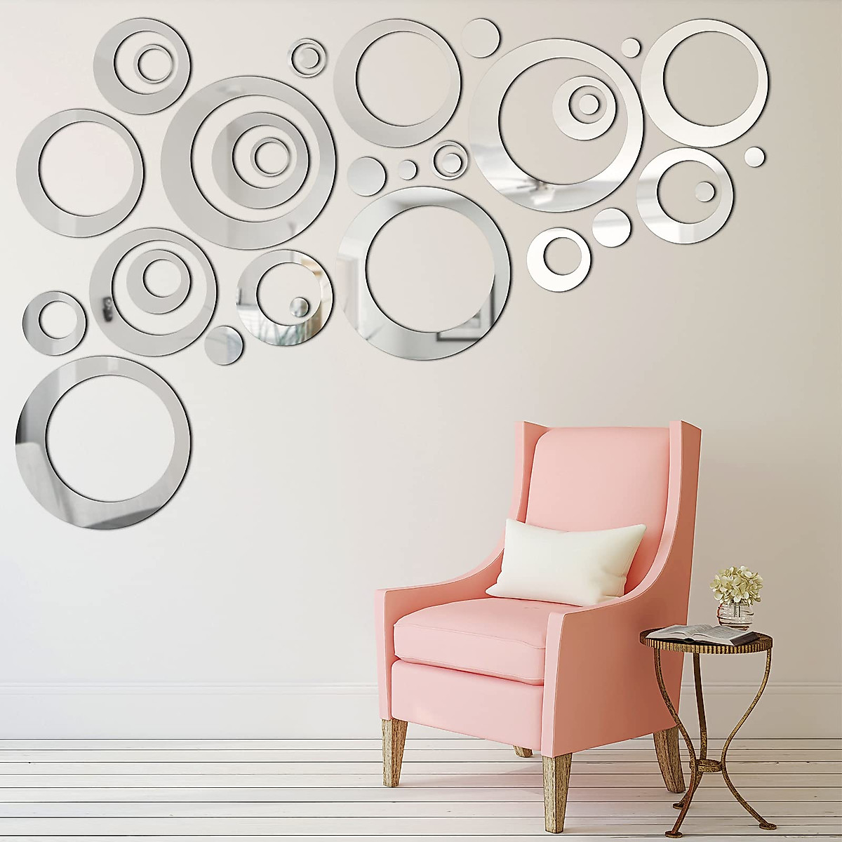 32 Pieces Removable Circle Wall Mirror Sticker Round Decal Acrylic Setting for Home Living Room Bedroom Decor, 1.5-13.5 cm(Silver)