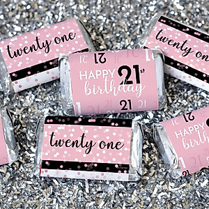 DISTINCTIVS Pink, Black, and White 21st Birthday Party Mini Candy Bar Wrappers - 45 Count - Milestone Birthday Party Supplies