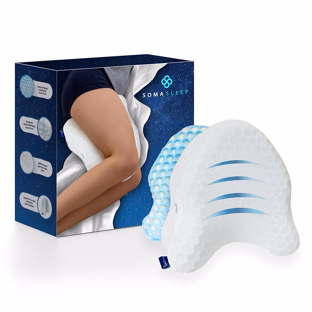 SelectSoma Knee Pillow for Side Sleepers with Cooling Memory Foam Gel Cover - Leg Cushion for Pain Relief in Sciatica, Back, HIPS, Knees, and Joints - Body Positioner for Maternity, Rest, and Sleep