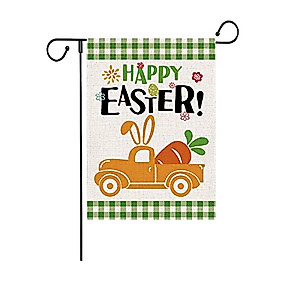 Happy Easter Truck Garden Flag, Spring Vertical Double Sized Burlap Flag for House Yard Outdoor Decor 12.5 x 18 Inch