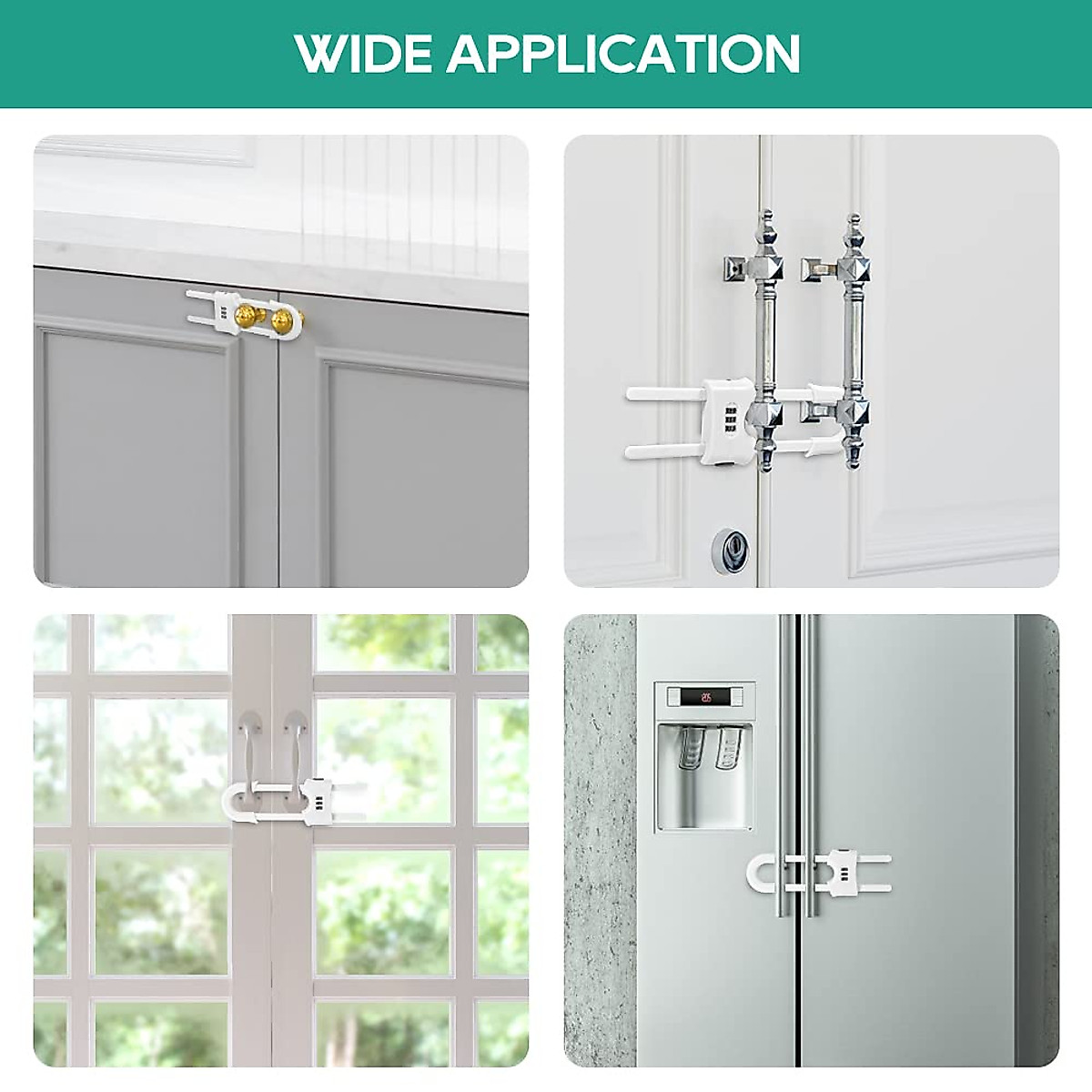 HonesaLoc 4 Packs U-Shaped Sliding Cabinet Locks, Baby Proofing Cabinets with Adjustable Child Safety Lock, Childproof Latches for Knobs, Handles on Kitchen Doors and Home Drawers Closet - White