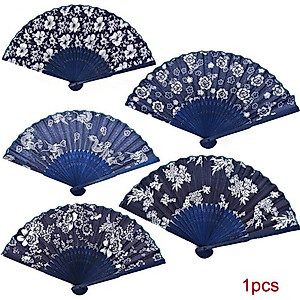 Handmade Folding Fan Folding Fan, Hand-held Fan,Handheld Outdoor Dancing Festival Women Gift Folding Fan Flower Prints Cloth Fan Folding Fan Handheld Fan (Color : A)