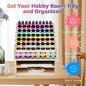 YAGEANNL Wooden Paint Organizer, Paint Rack Organizer with 76 Holes of 2 Sizes and 16 Brush Holders, 2 Cabinets Suitable for Citadel Paints, Craft Paint Storage Organizer for Miniature Paint Set