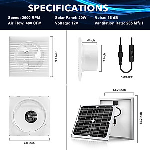 SUN ENERGISE Solar Powered Exhaust Fan Pro, 20W Solar Panel + 8 Inch High Speed Exhaust Fan with Anti-backflow Valve, Wall Mount Ventilation & Cooling Vent for Greenhouse, Shed, Chicken Coop, Garage