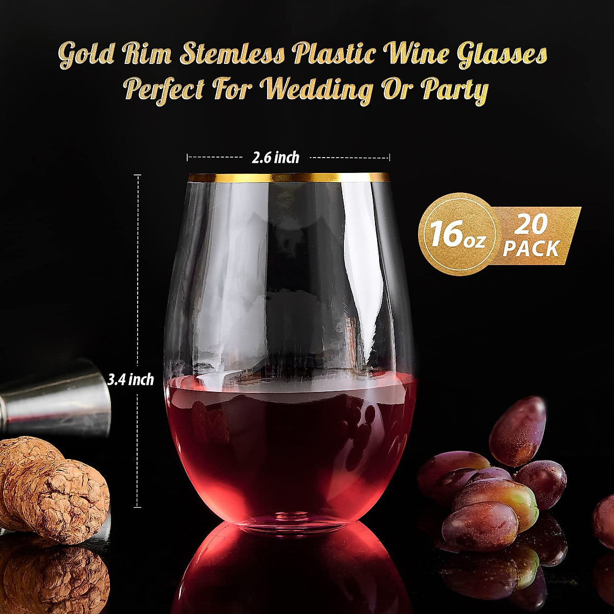 FOCUSLINE 20pcs 16 Oz Plastic Wine Glasses, Stemless Gold Rim, Heavy Duty Disposable Drinking Cups, Reusable Shatterproof for Party & Wedding