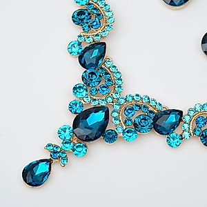 CSY 4 Pcs/Sets Elegant Crystal Necklace Earrings Bracelet Ring Bridal Wedding Costume Jewelry Sets for Brides Women Gifts (gold plated-aquamarine)