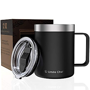 Umite Chef Stainless Steel Insulated Coffee Mug Tumbler with Handle, 12 oz Double Wall Vacuum Tumbler Cup with Lid Insulated Camping Tea Flask for Hot & Cold Drinks(Black)