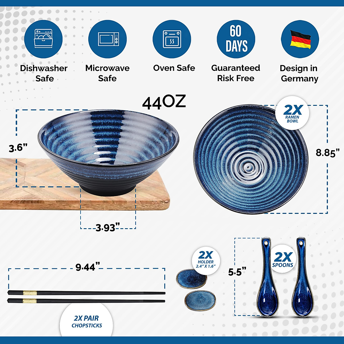 Grünhirsch Unbreakable Ramen Bowl Set of 2 (8 Pcs) - 44 Oz Exclusive Ceramic Ramen Bowls and Spoon Set - Ideal for Ramen Noodles, Pasta, and Pho - Japanese-Inspired Dining Experience with Chopsticks