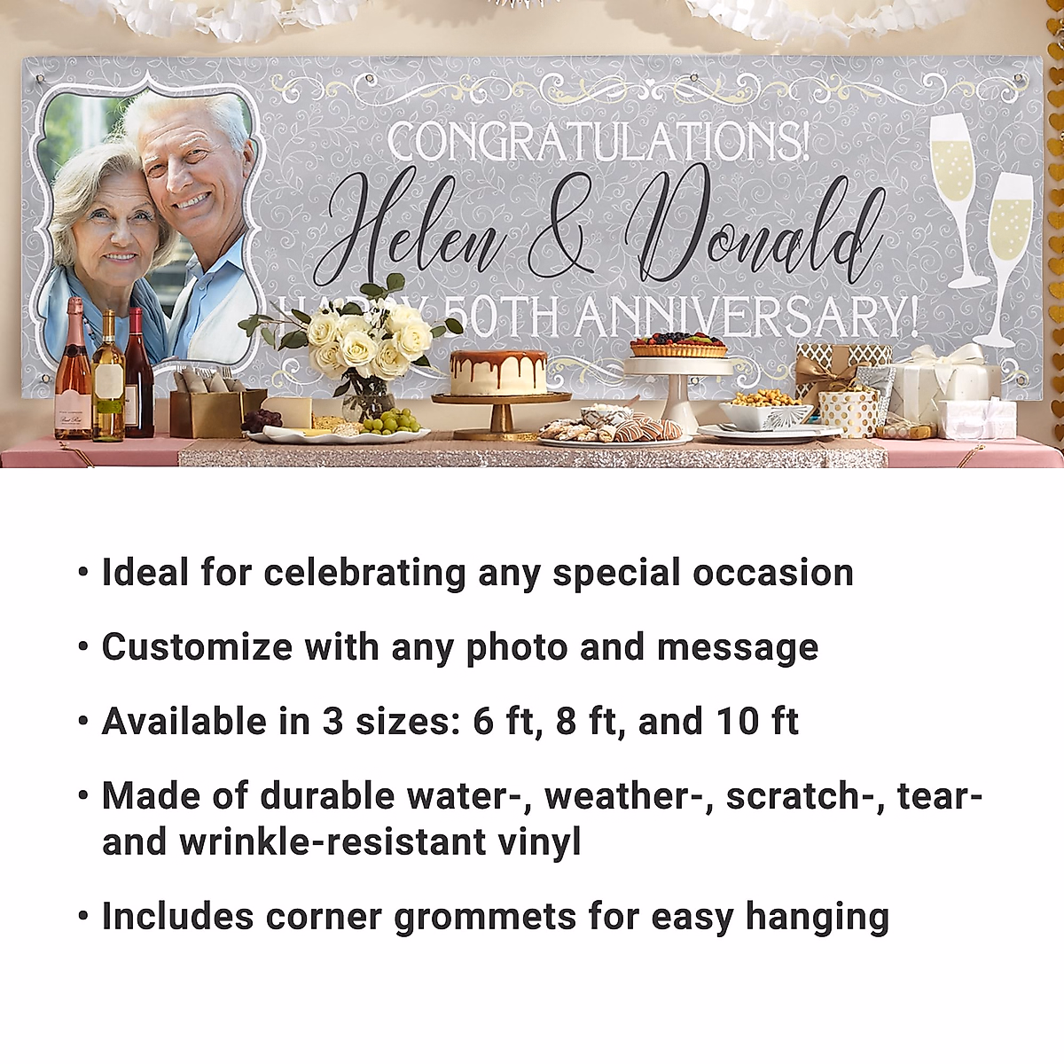 Let's Make Memories Personalized Celebration Photo Banner - White - 6ft Special Event Banner - For Any Occasion - Customize With Message and Photo