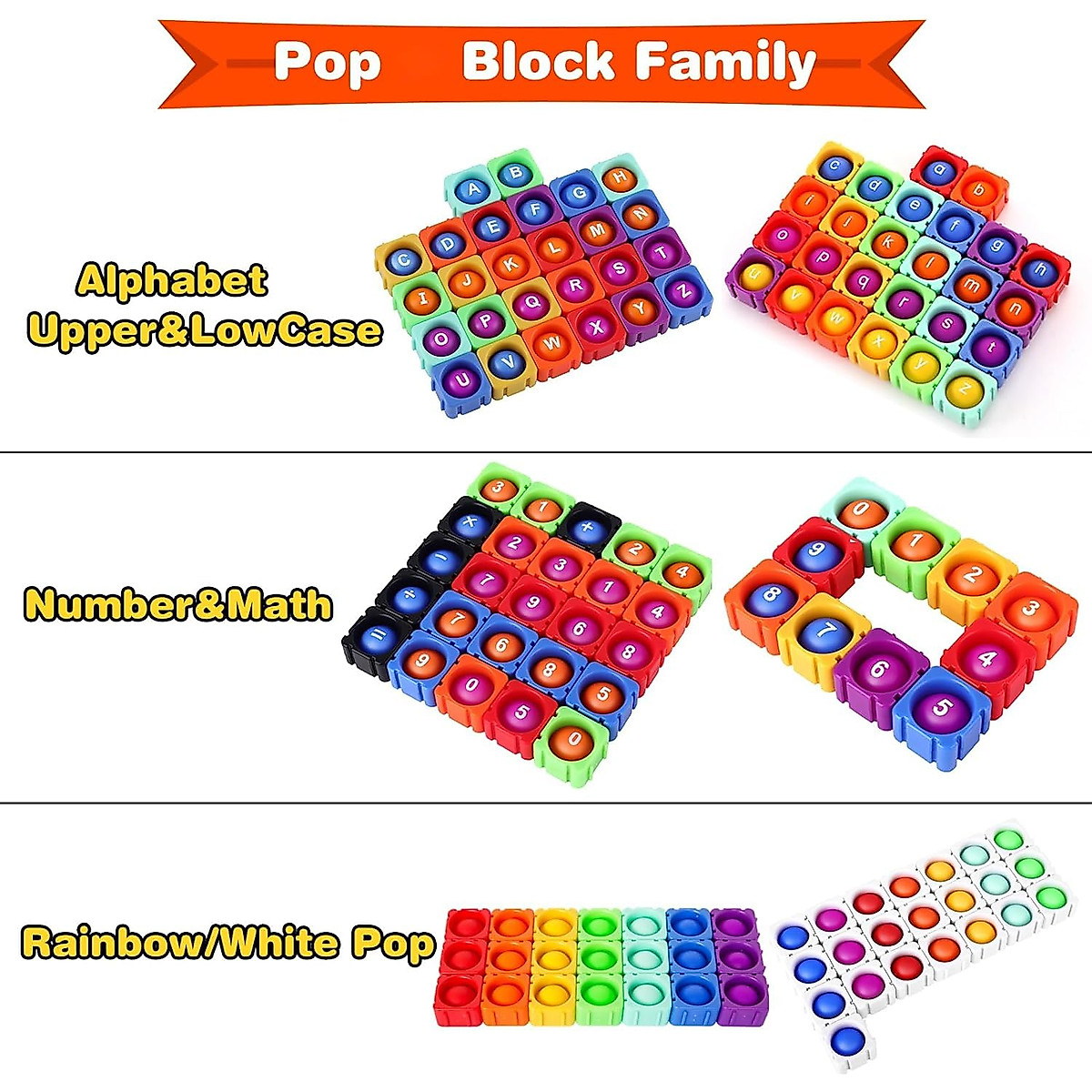 NowFuture Alphabet Pop Fidget-Blocks,Upper&Lowercase Match Game.Rainbow Seven Color.DIY Puzzle Letter pops its-Classroom,Alphabet-Learning-Spelling Toy