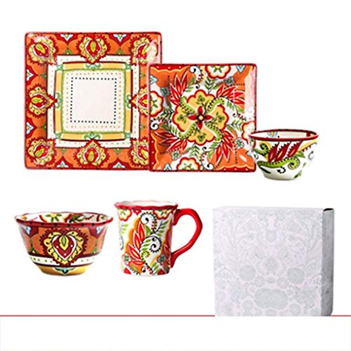 GagalU Porcelain Dinner SetDinner Set,5 Pieces Chic Square Ceramic Dinnerware Set Hand-Painted Underglaze Flower Plate Bowl Mug for 1 Person