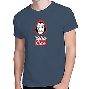 BannerBuzz, Bella Ciao Crew Neck T-Shirt Short Sleeve, Cotton Fabric, Unisex, Digitally Printed, Fabric Warranty for up to 25 Washes (XX-Large, Blue)