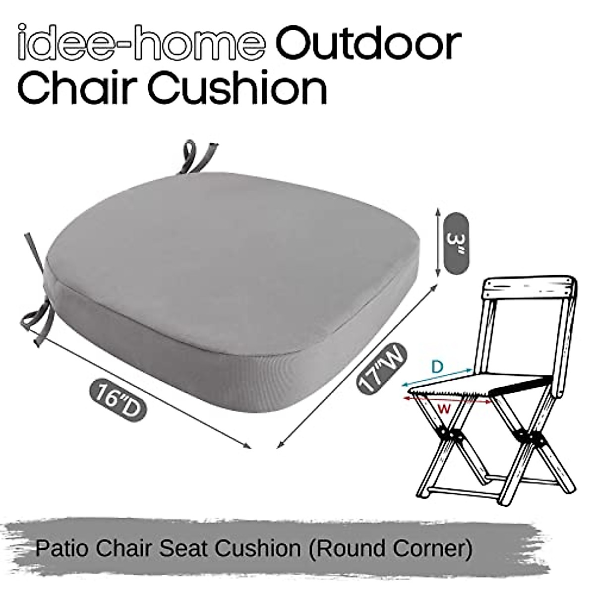 idee-home Outdoor Chair Cushions Set of 4, Thick 3" Outdoor Cushions Patio Furniture with Ties, Waterproof Patio Chair Pads Seat Dining Chair Cushions 17" x 16" x 3" Silver Grey