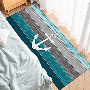 Kitchen Runner Rug, Farm Nautical Anchor Compass Rustic Old Wooden Plank Teal Green Gray Non Slip Runner Carpet Door Mats Floor Mat for Laundry Bedside Bathroom Bedroom 15.7"X47.2"