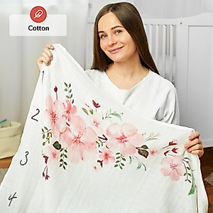 Baby Milestone Blanket | Cotton Muslin Swaddle Blanket | Monthly Photo Mat for Newborn Girl | Cherry Blossom Flowers| Personalised Baby Shower Present for New Mums | Age Mat | Includes Wooden Frames