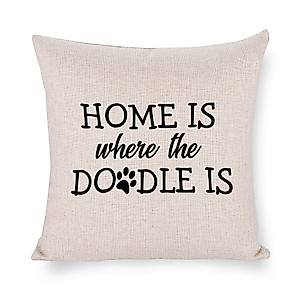 Funny Quote Decorative Throw Pillow Cover Home is Where The Doodle is Paw Decorative Throw Pillow Case Cushion Cover Square Cotton Linen Pillowcase Gifts for Dog Lover Home 18X18 Inches