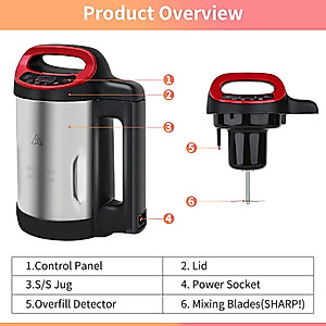 Potlimepan Soup Maker 1.6 L, 6 in 1 Multi-Funcation Soup and Smoothie Maker with Smart Control Panel, Stainless Steel Hot Soup Maker Electric, Makes 2-5 Servings Smart Living for Home Use Red