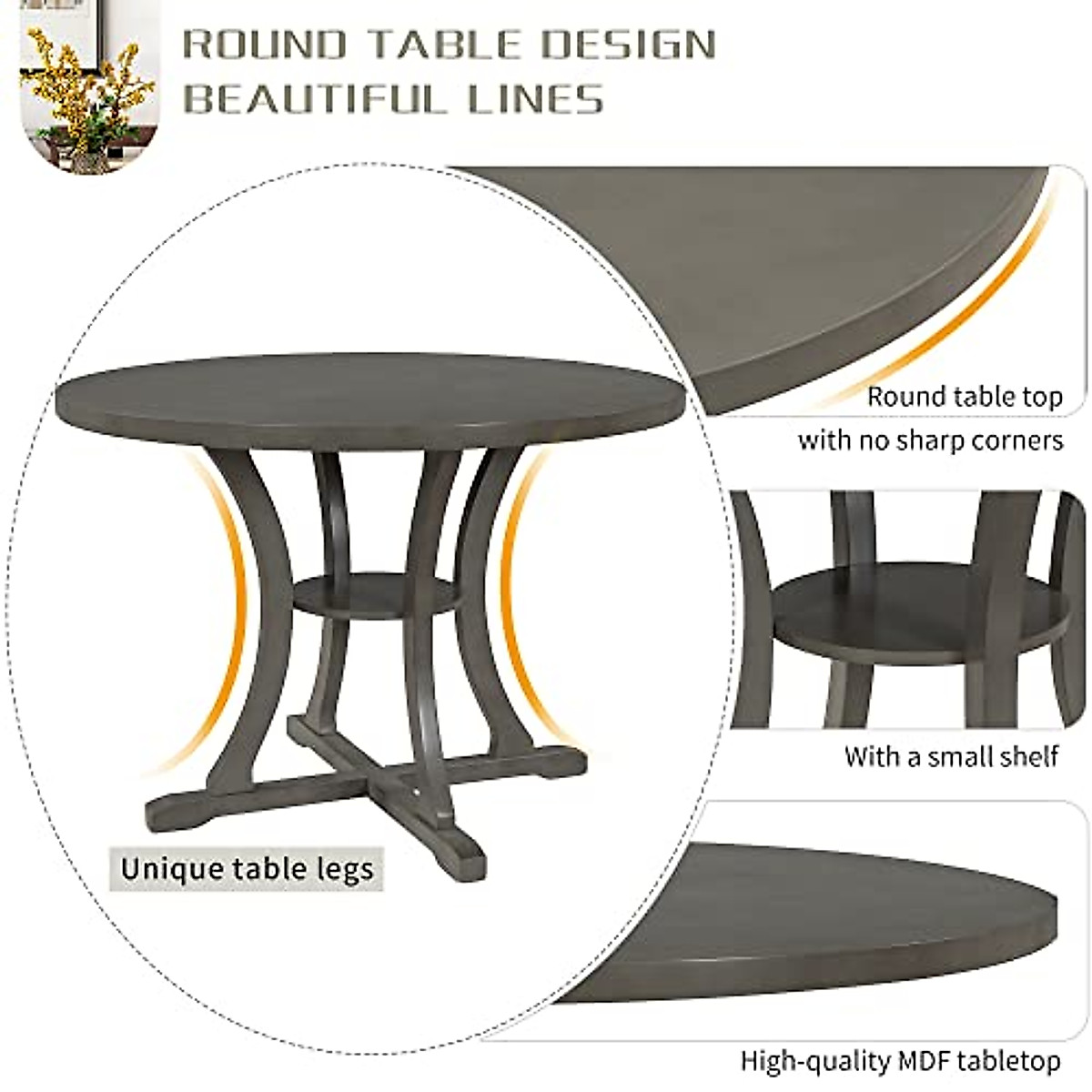 WOZNLA Comfortable 5-Piece Round 4-Kitchen Table Set Unique Special-Shaped Legs, Exquisite Hollow Chair Back Design in Dining Room, Gray