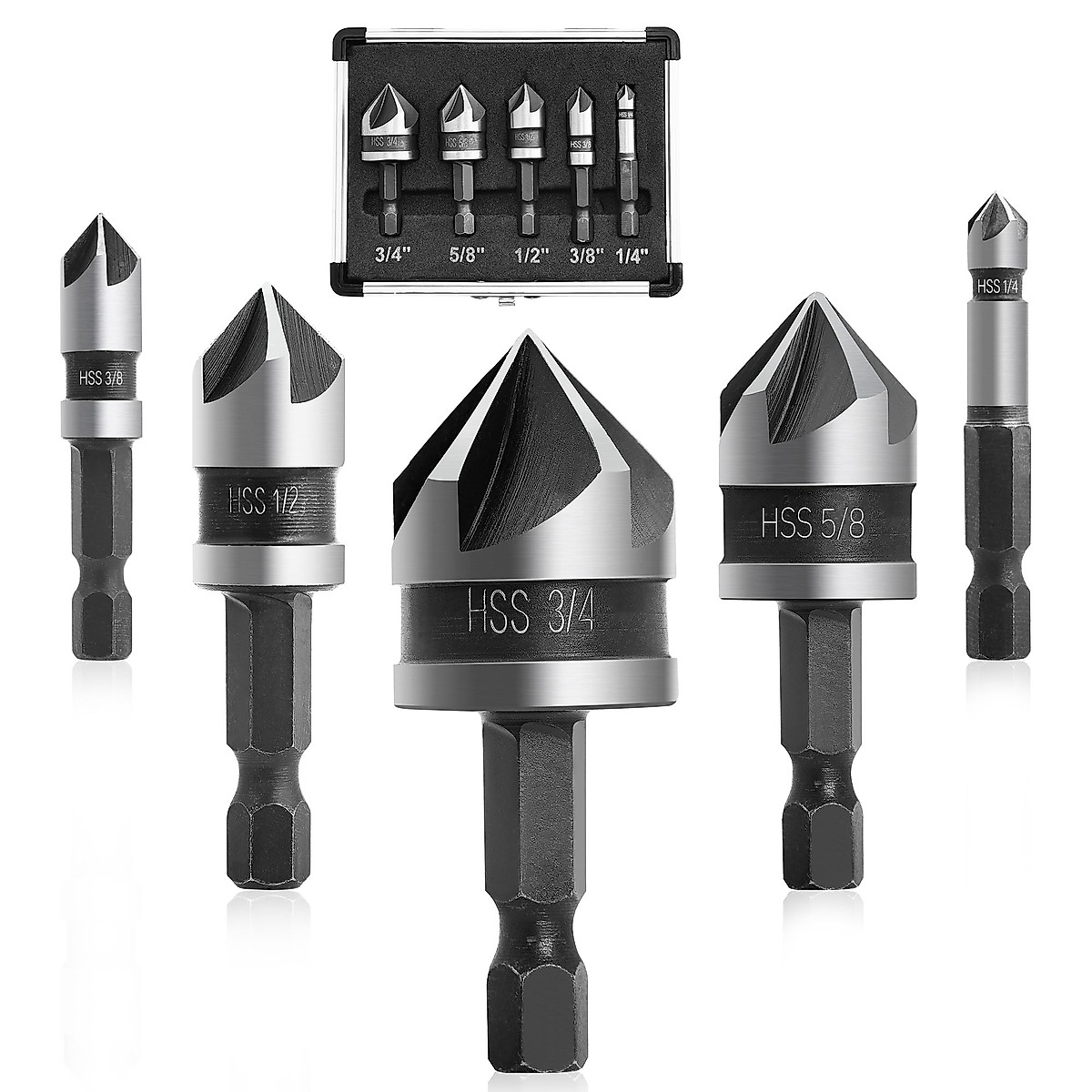 AIMLENTOOL 5 Pcs Countersink Drill Bit Set, 82 Degree 5 Flute High-Speed Steel Countersink Drill Bit with 1/4” Hex Shank, 1/4" to 3/4" Size for Machinable Metals, Wood, Carbon Steel, in Aluminum Case