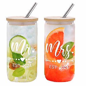 fcaylo Iced Coffee Cups-Mr and Mrs Gifts Wedding Gifts for Couples 2024 Bridal Shower Gifts Glass Tumbler Set With Straw Newlyweds Bride To Be Christmas Gifts for Couples