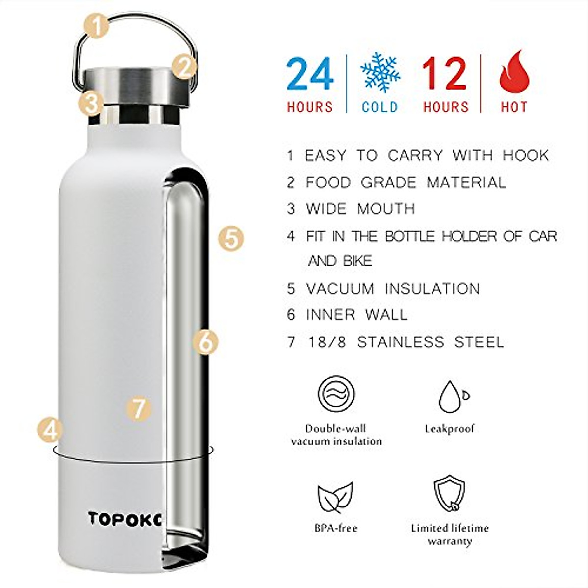 TOPOKO 25 oz Stainless Steel Vacuum Insulated Water Bottle, Keeps Drink Cold up to 24 Hours & Hot up to 12 Hours, Leak Proof and Sweat Proof. Large Capacity Sports Bottle Wide Mouth Metal Lid (White)