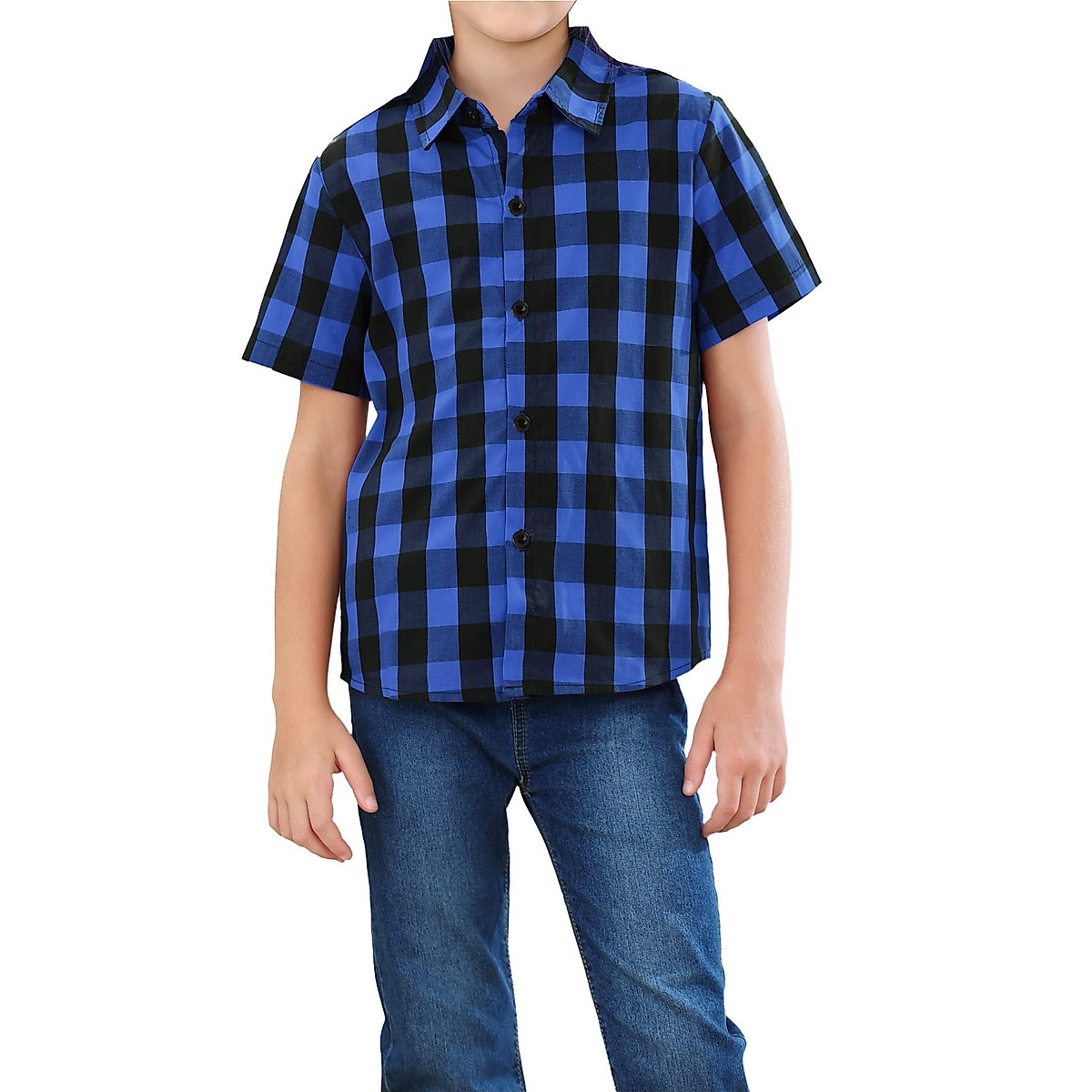 Cromoncent Mens Plaid Shirt Short Sleeve Summer Button Down Shirts Buffalo Plaid Blue, Large