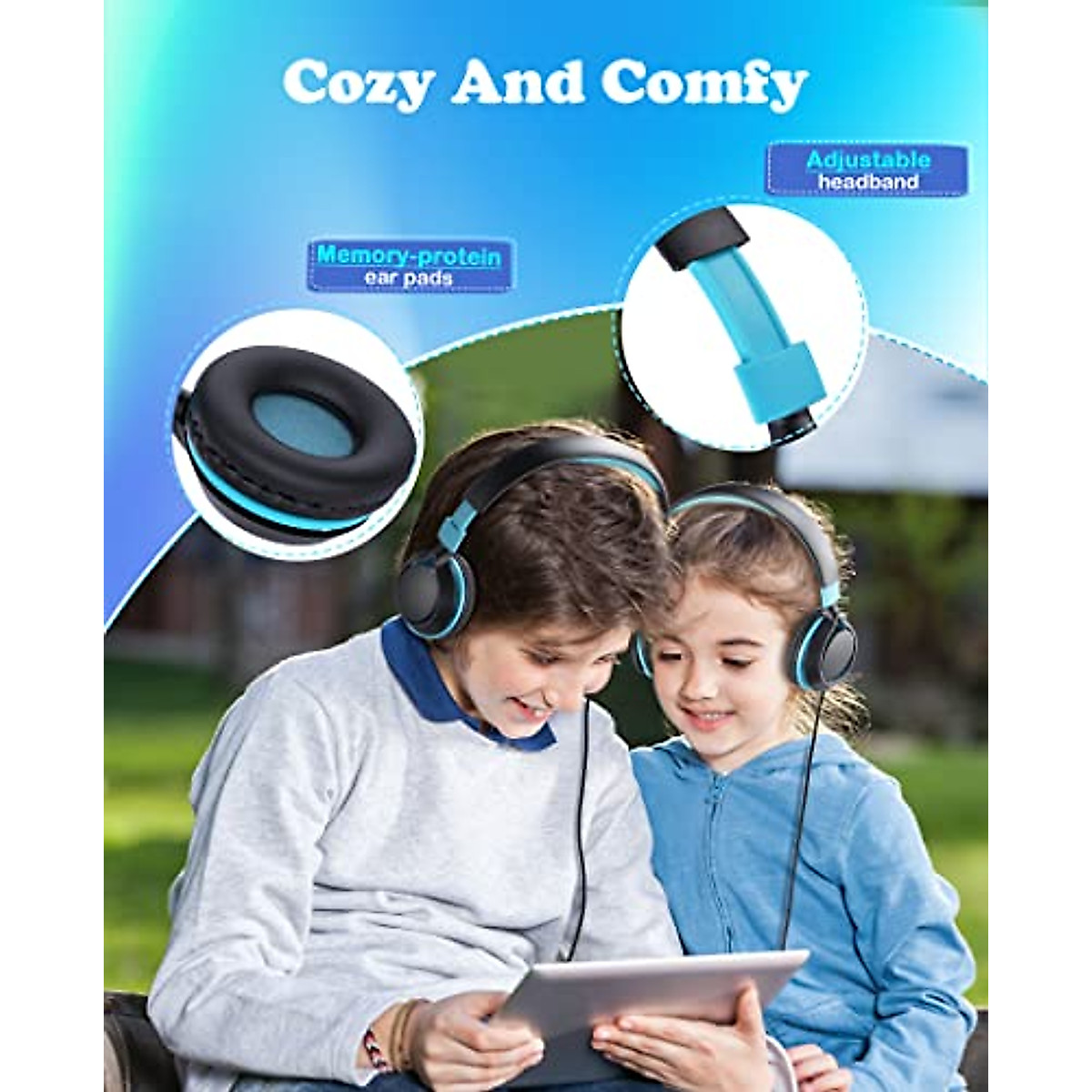 DyBaxa Kids Headphones Wired, Foldable On Ear Headset, Volume Limiter 94dB, Over-Ear Headphones for School Online Classes Travel Children, 3.5mm Jack Compatible Smartphones, Black Blue