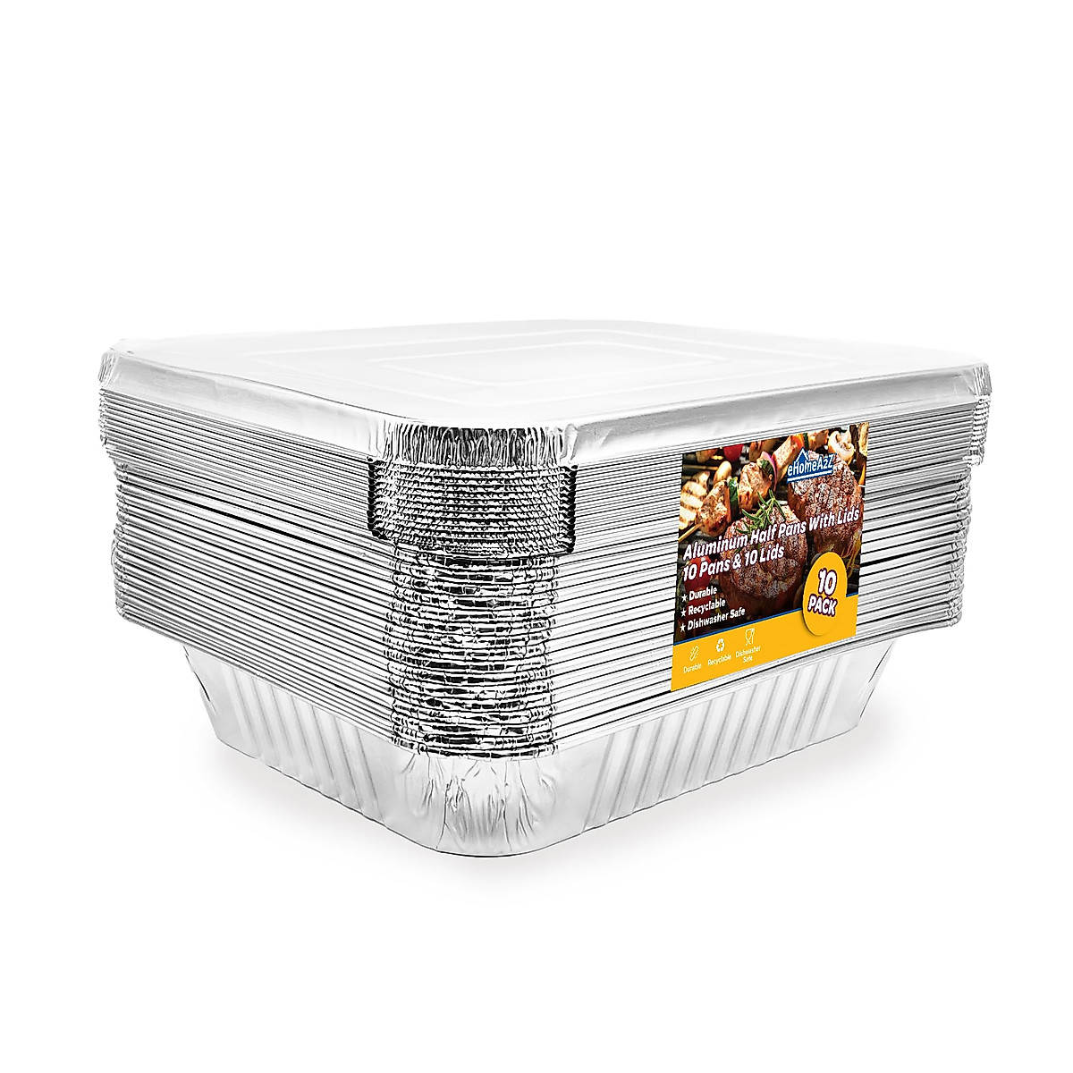 EHOMEA2Z Aluminum Foil Pans With Lids Half Size (10 Pack) 10 Lids and 10 Pans, 9x13 Prepping, Roasting, Food, Storing, Heating, Cooking, Chafers, Catering, Buffet Supplies