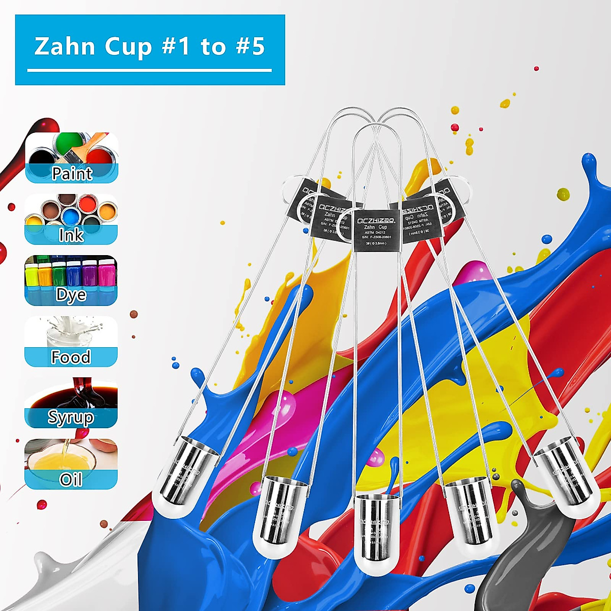 GELTTULU Zahn Cup Immersion Viscosity Cup,#1 to #5 Dip Type 44ml Stainless Steel Viscometer Flow Cup with Storage Rack for Paint, Ink, Dye, Lacquers, Food, Syrup,Oil(5 pcs）