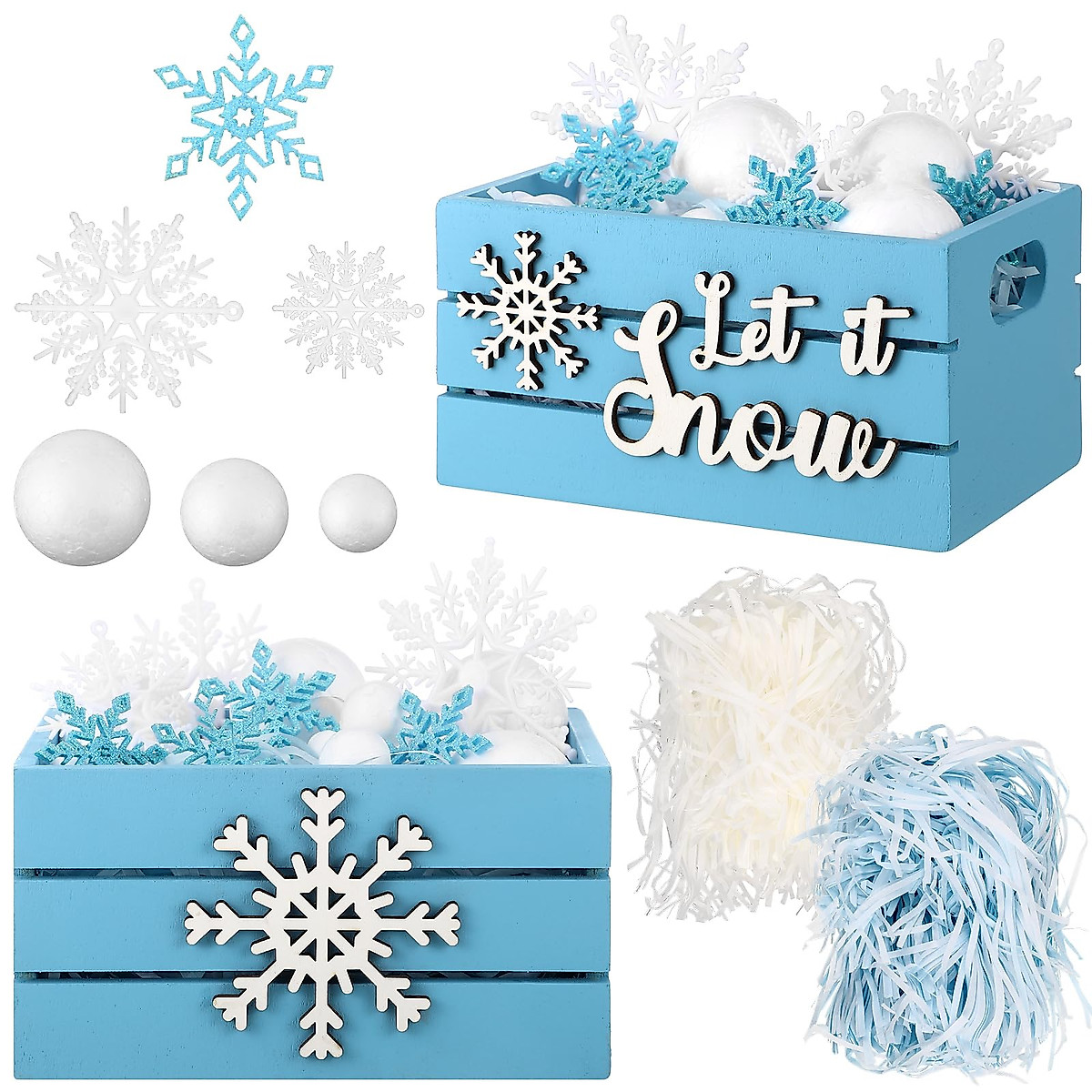 Soaoo Christmas Tiered Tray Decor Snowball Mini Wood Crate Snowflake Set Winter Table Centerpiece Decorations Handmade Xmas Wooden Sign Winter Wooden Basket with Handles for Home Party