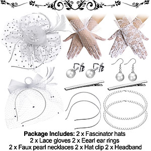 Zhanmai 12 Pcs Tea Party Accessory Fascinators Tea Party Hats and Gloves Wedding Women Girl White Headband Necklace