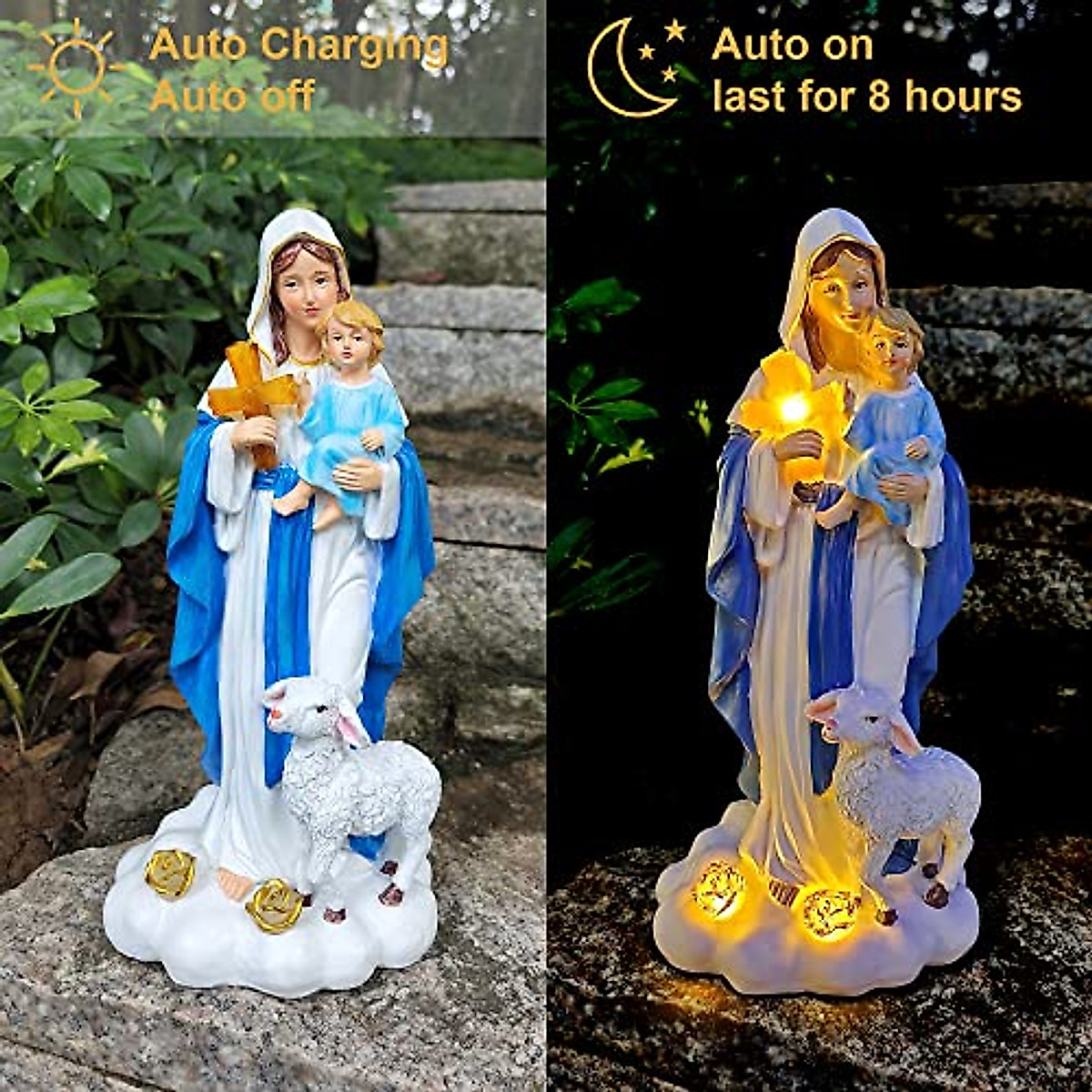 Voveexy Virgin Mary Statue with Baby Jesus, Solar Mother Mary Statue Resin Figurine with Warm White Light Outdoor Decor Sculpture Patio Yard Art Religious Gift for Mother Christmas Day, 11.6Inch
