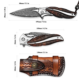 ALVELY Handmade Japanese VG10 Damascus steel Folding Pocket Knife，With leather case，Liner Lock，3.1in high hardness blade，Wooden Handle，men's folding knife hiking trip EDC tool Knife