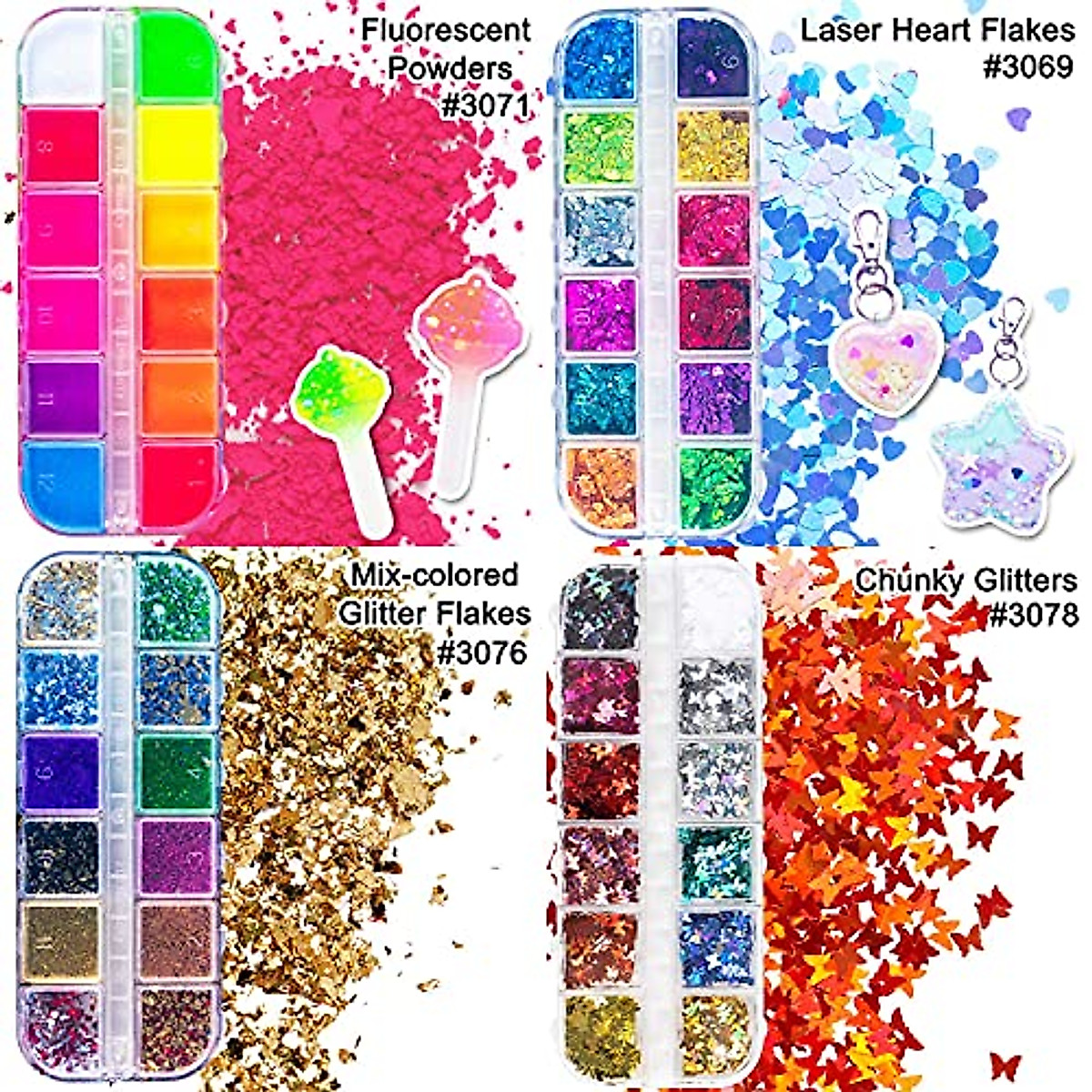 Iridescent Glitters, Holographic Sequins, Laser Flakes, Foil Chips, Beads, Mirror Chrome Pigment Powders, Resin Jewelry Making Kit Art Craft Supplies Pack of 22-Box 264 Designs