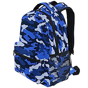 ZZKKO Camo Camouflage Blue School Backpacks Book Bag for Boys Girls Travel Hiking Camping Daypack Work Laptop Backpack