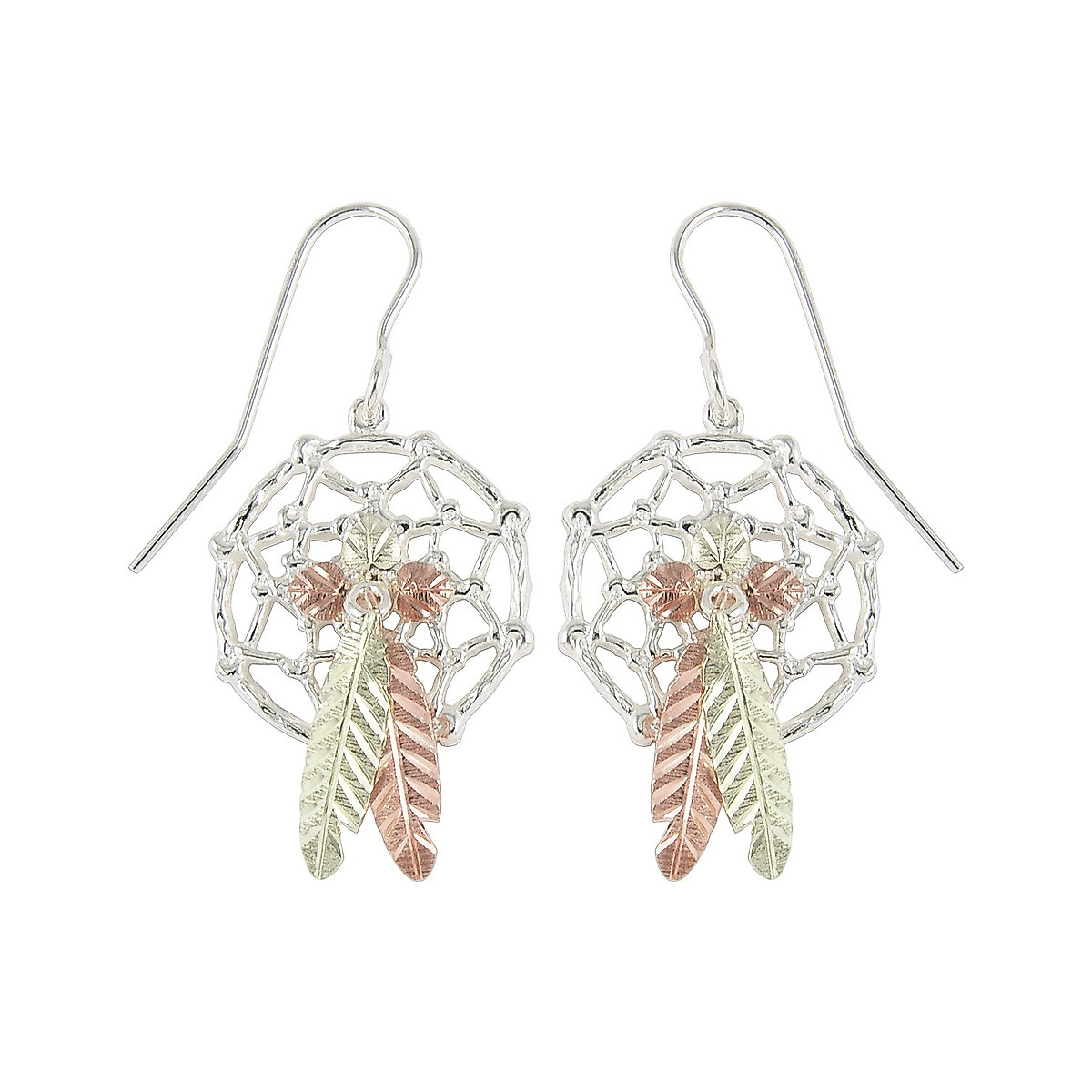 Dream Catcher Feather Earrings, Sterling Silver, 12k Green Gold, 12k Rose Black Hills Gold