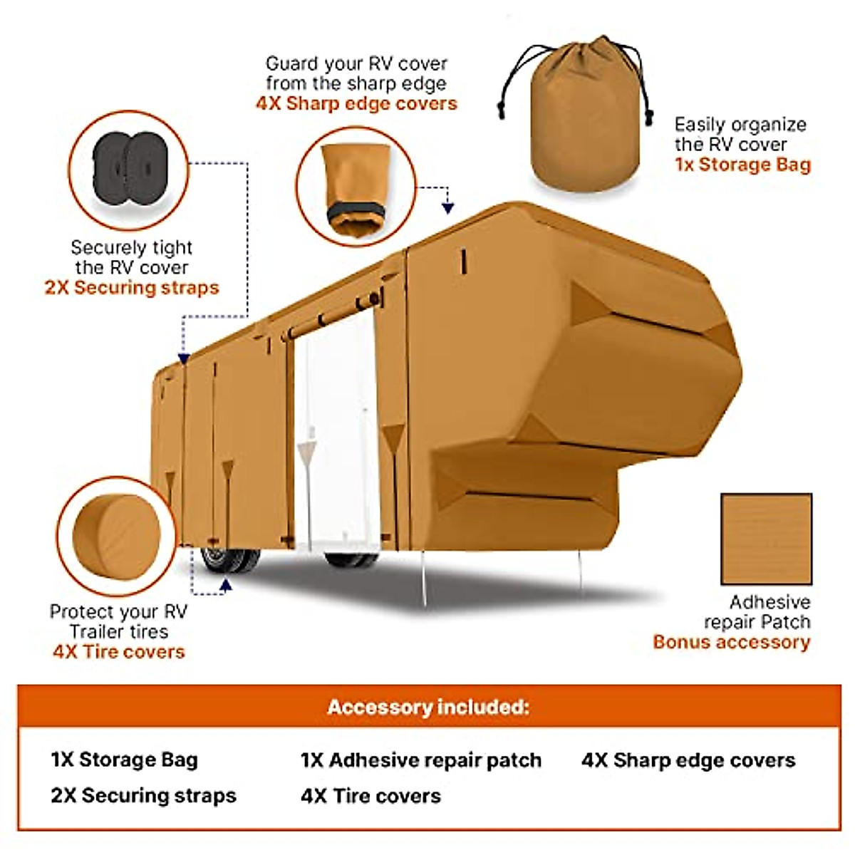 Lanceton 29-33 Ft Fifth Wheel 5th Wheel RV Trailer Cover Package Premium Heavy-Duty Waterproof Windproof Anti-UV Breathable Fabric Including 4 Tire Covers and 4 Sharp Edge Covers 2 Secure Straps