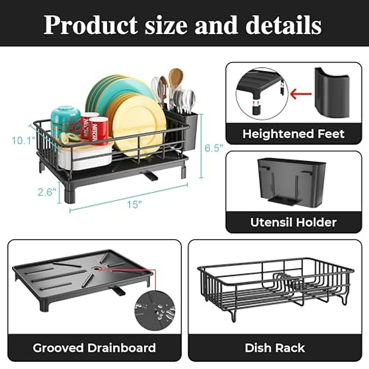 Famhap Small Dish Drying Rack, Dish Rack with Drainboard Dish Drainers for Kitchen Counter Sink Adjustable Spout, in Sink Dish Strainers with Utensil Holder and Knife Slots, Black